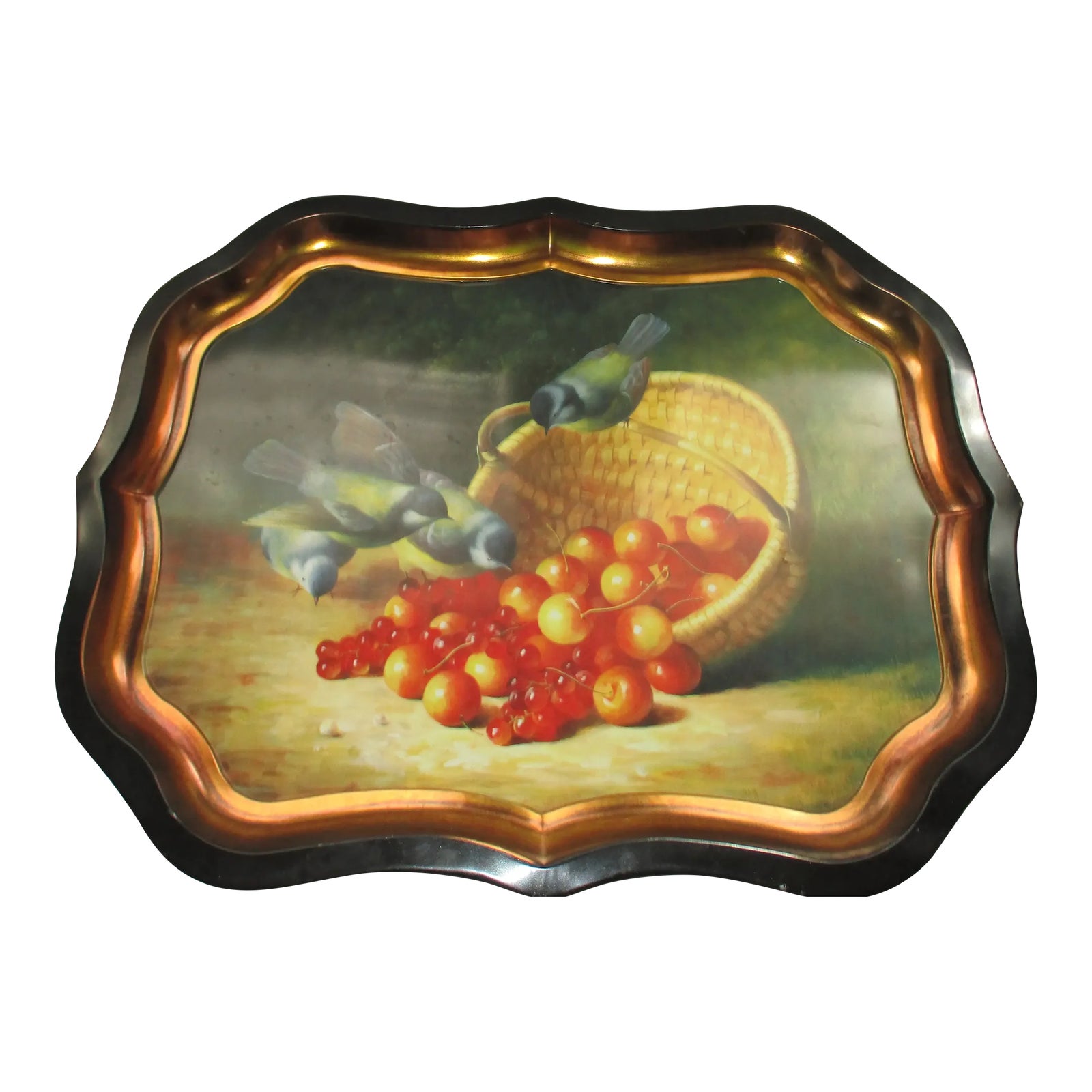 Vintage 1990's Iam Logan Style Blue Birds & Cherries Metal Toleware ...