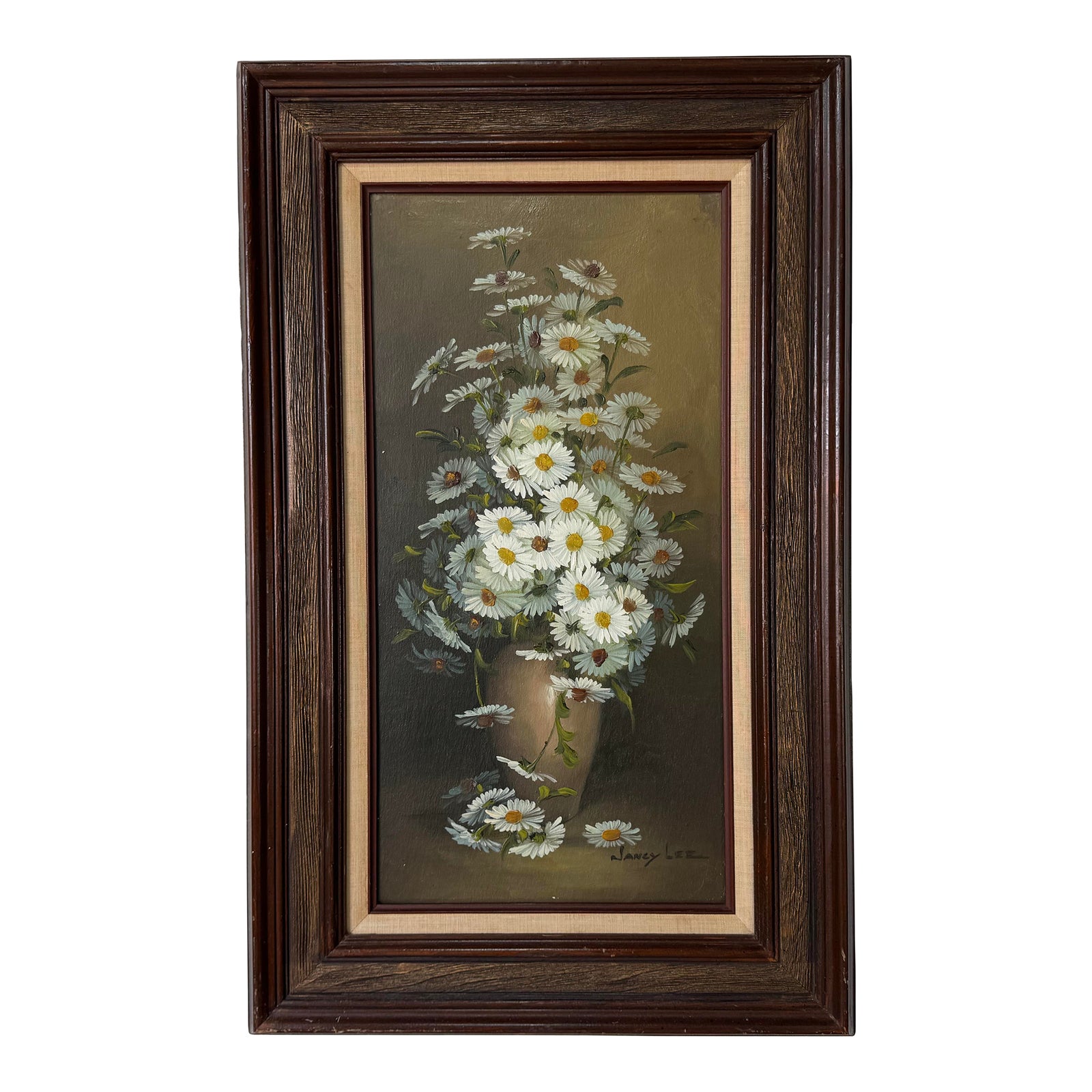 1970s Janey Lee Still Life - Daisies in Vase Oil on Canvas Painting ...
