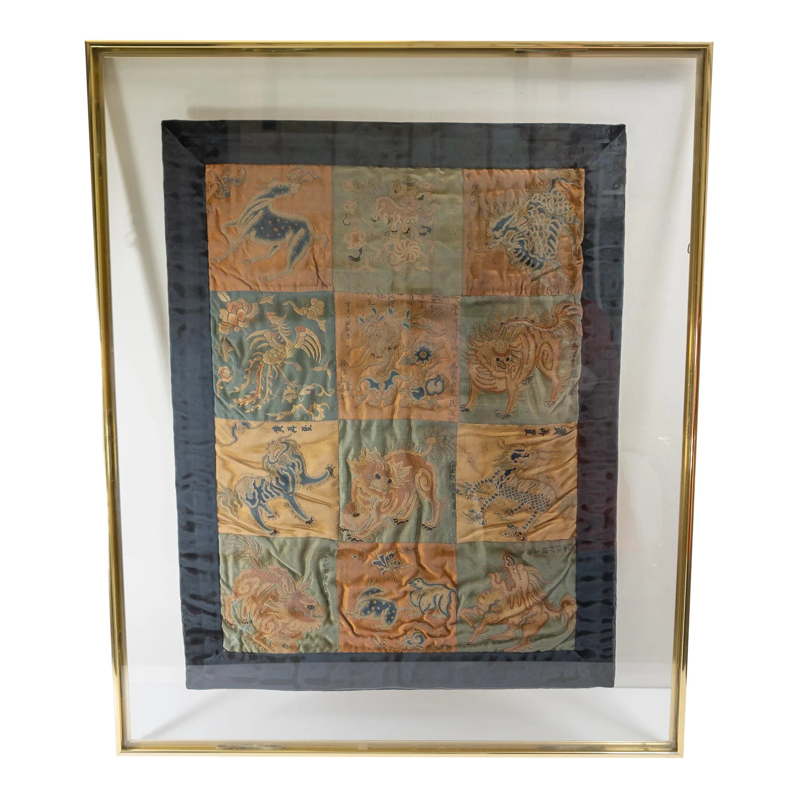 19th Century Chinese Silk Embroidered Assembled Panel of Zodiac Panels ...