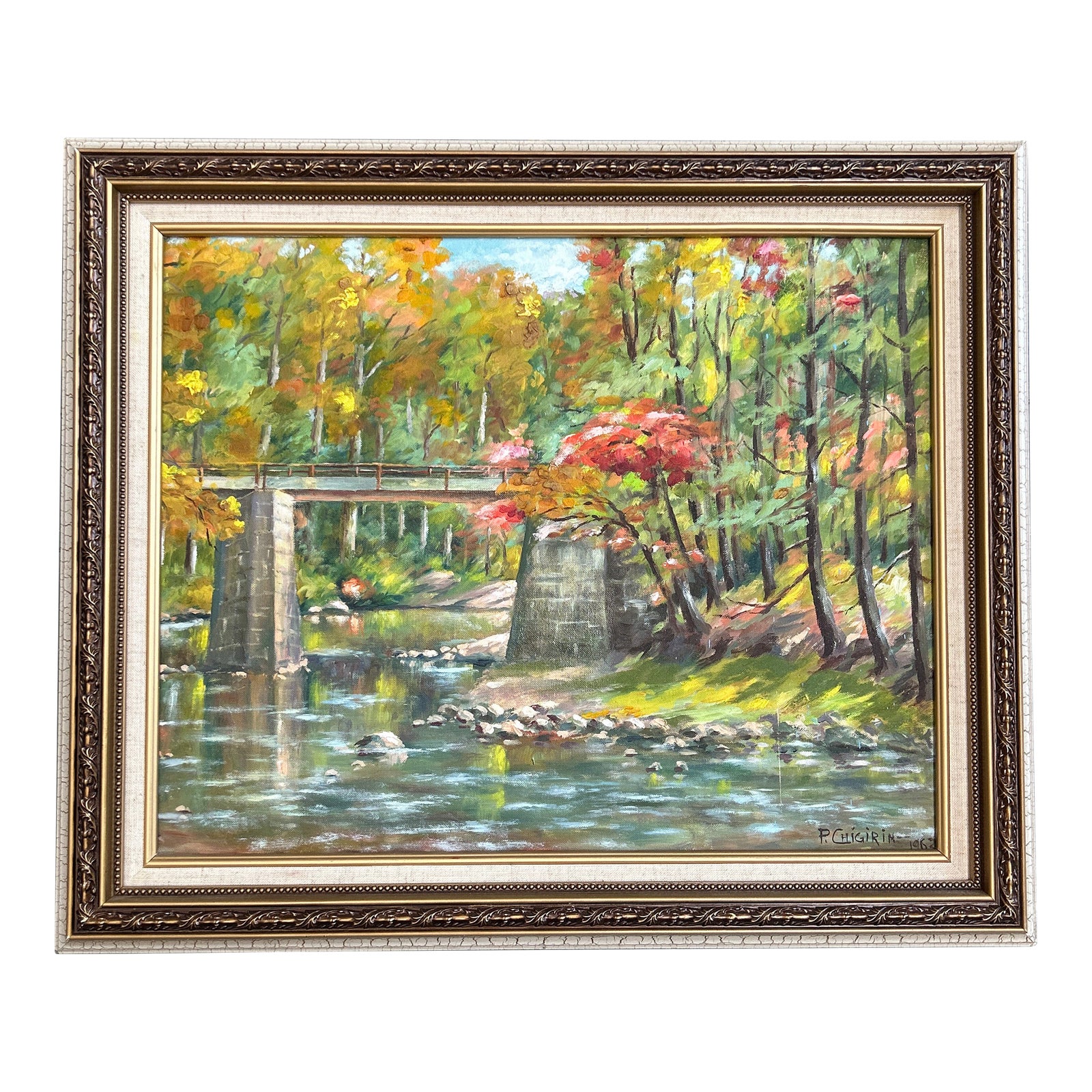 1960’s Original Impressionist Bridge Over Stream Landscape Painting ...