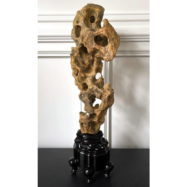 Chinese Scholar Rock Yellow Taihu Stone on Wood Stand | Chairish