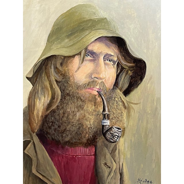 Mid 20th Century Portrait Oil Painting Cornish Fisherman Smoking Pipe ...