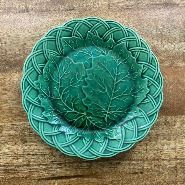 Antique Majolica Green Leaf Plate With Basket Weave Border | Chairish