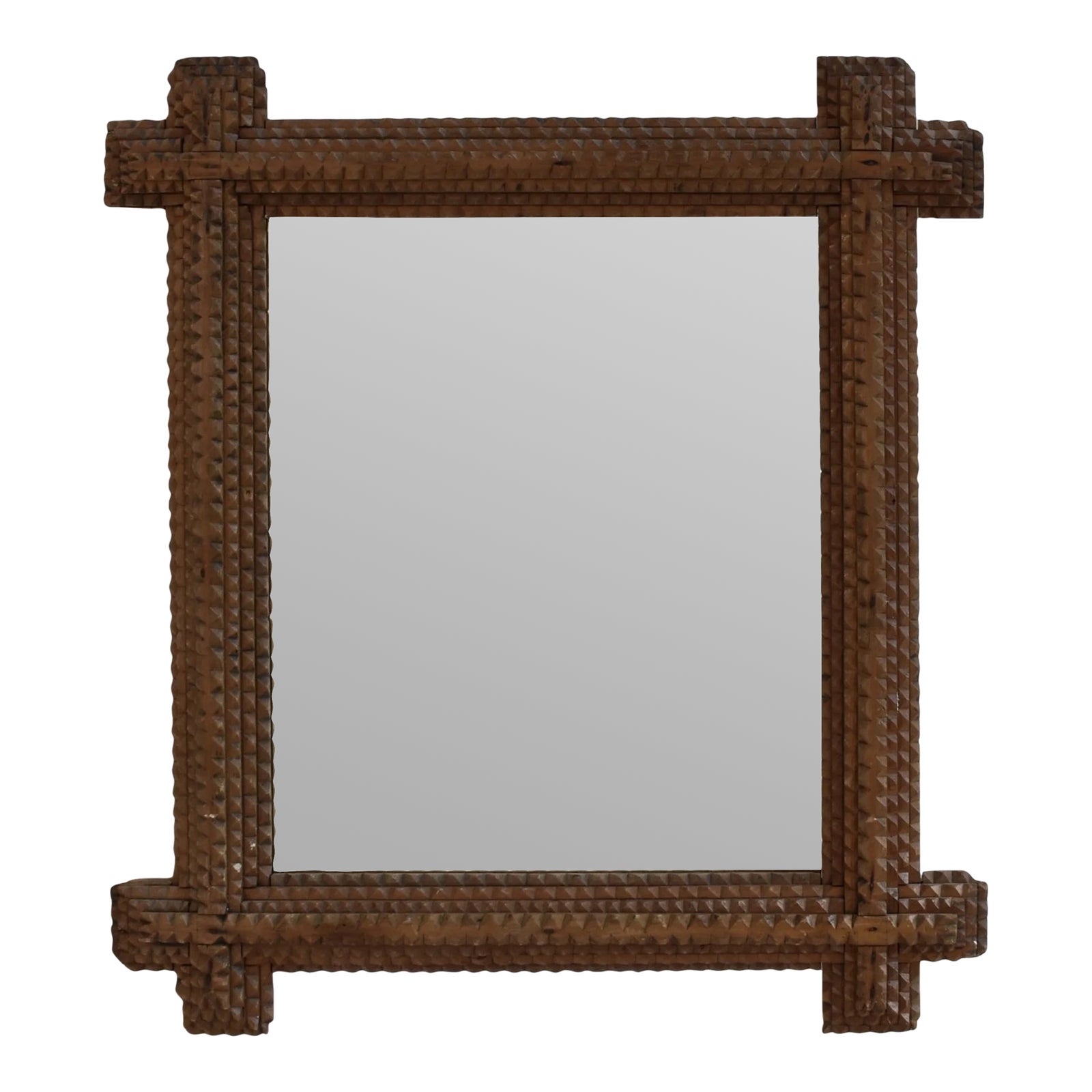 Antique Large Scale Chip-Carved Tramp Art Framed Mirror With Crossed ...