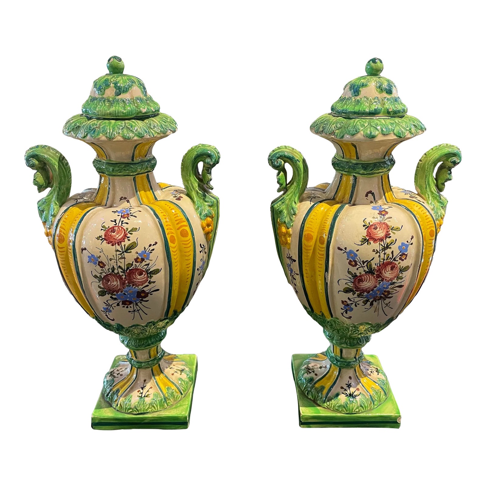 Pair of Early Capo De Monte Italian Hand Painted Lidded Urns | Chairish