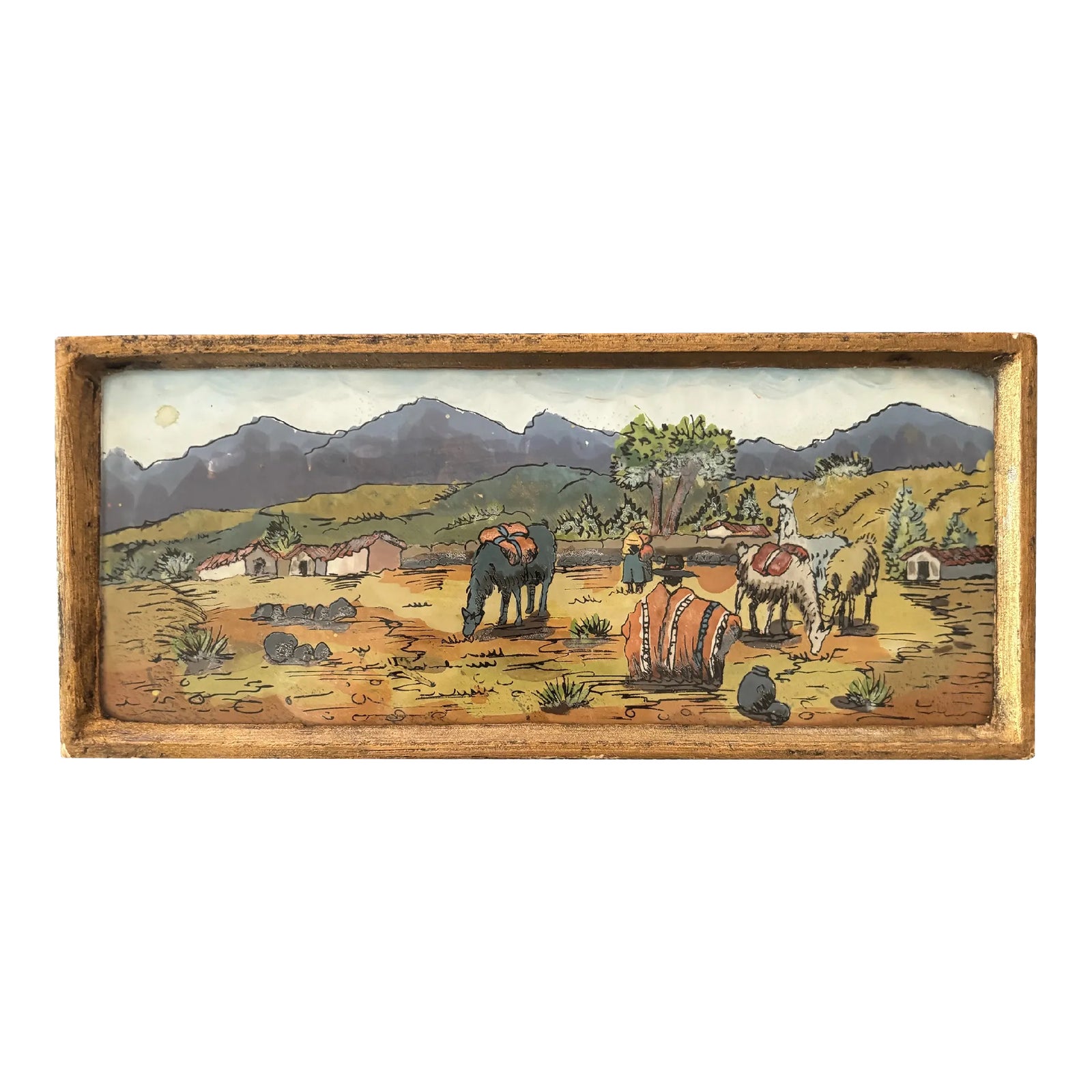 Vintage Wooden Peruvian Box Reverse Painting on Glass of a Rural ...