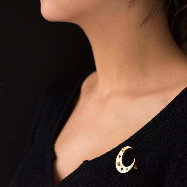 20th Century French Diamonds Ruby 18 Karat Yellow Gold Moon Brooch ...