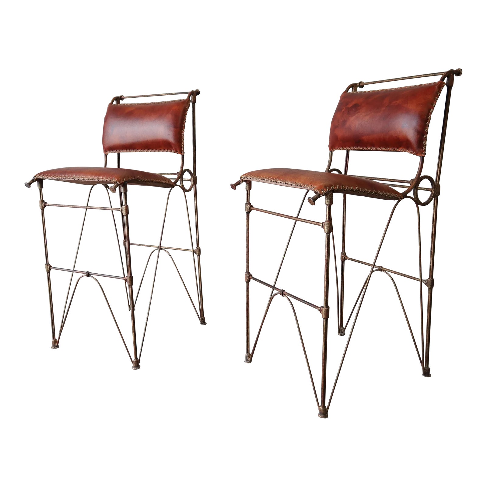 Rustic Pair of Leather Bar Stools by Ilana Goor | Chairish
