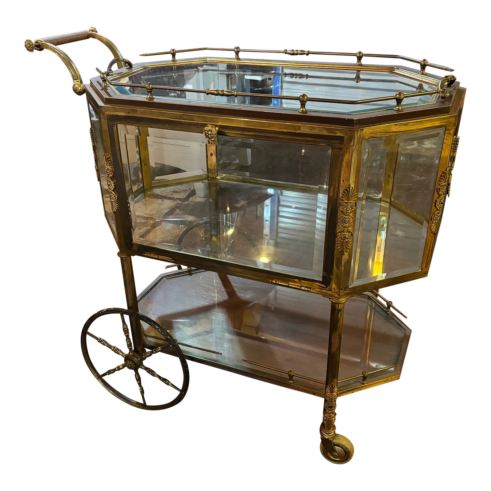Mid 20th Century Brass and Beveled Glass Tea Cart | Chairish