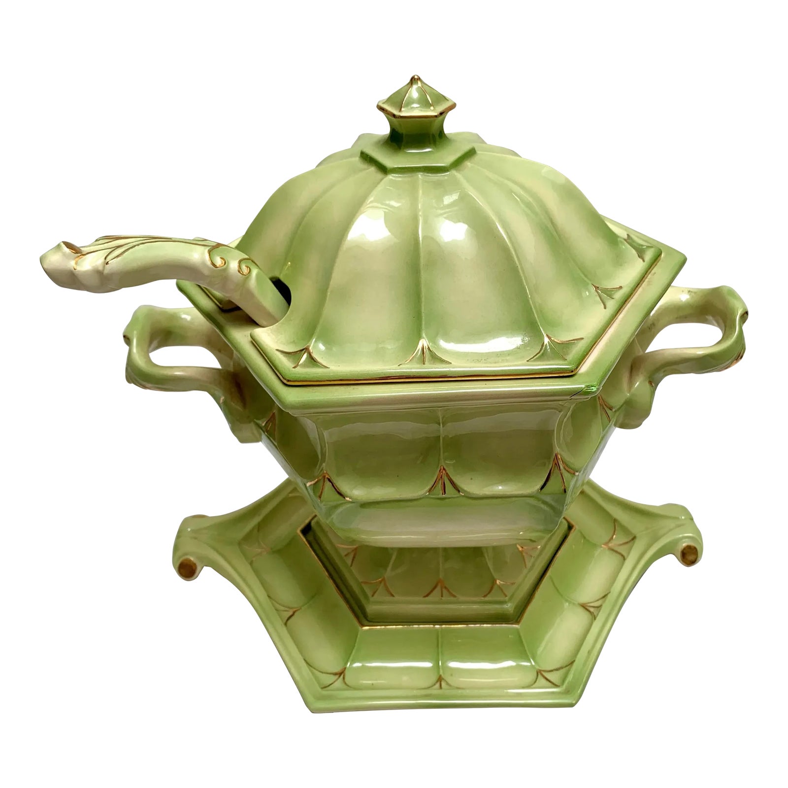 Midcentury 1977 Elegant Green & Gold Soup Tureen Set | Chairish