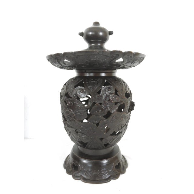 Old Japanese Bronze Reticulated Censer / Candle Lamp With Dragons and ...