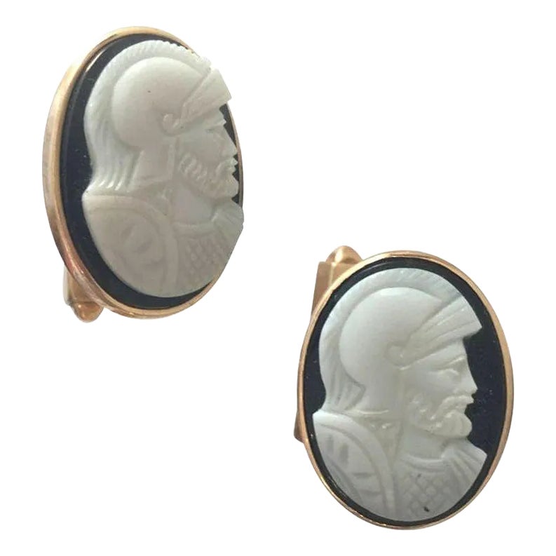 1950s Hand Carved Shell "Knight" Cameo Cufflinks in 14-Karat Gold With ...
