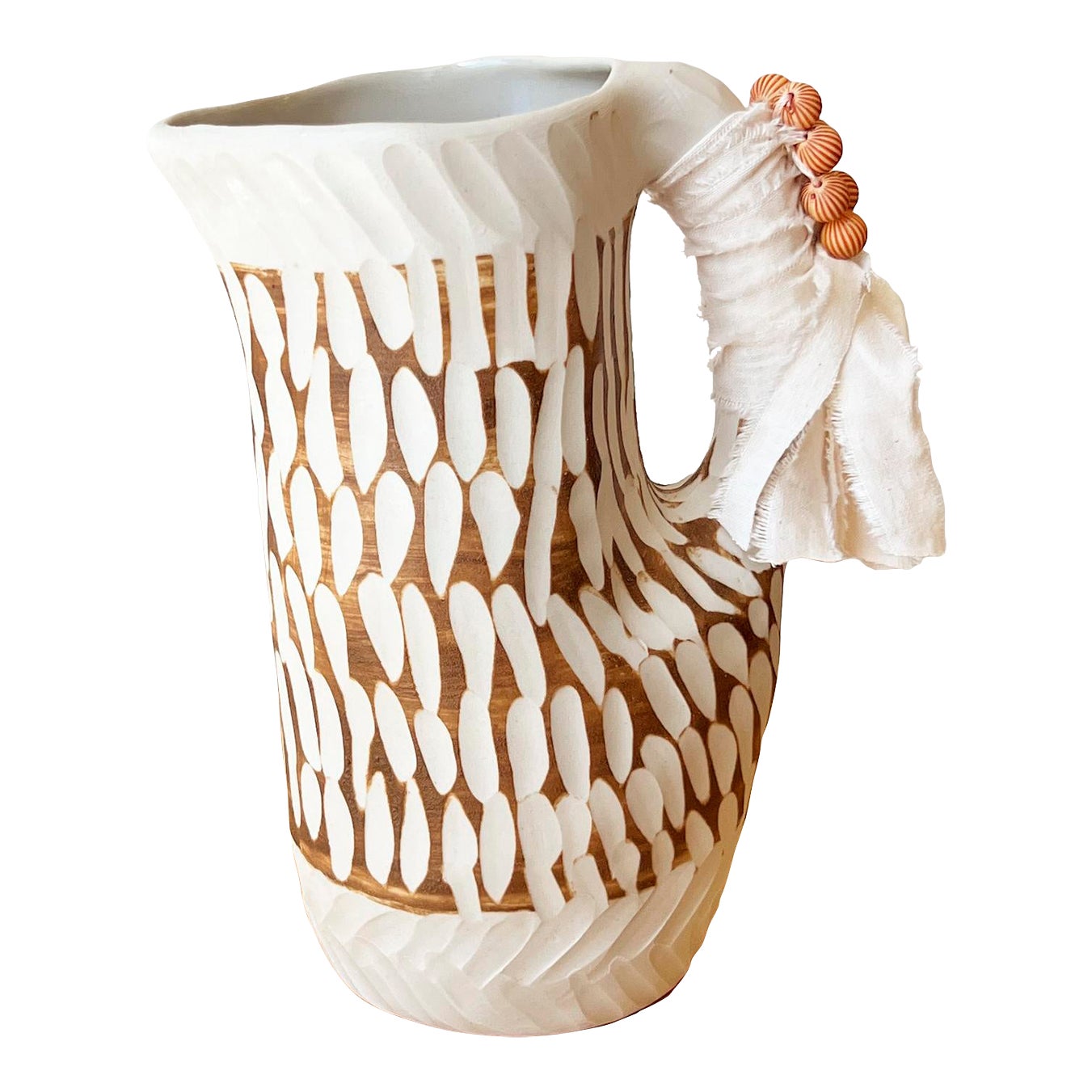 Terra Handmade Boho Chic Ceramic Jug With Bead Accents | Chairish