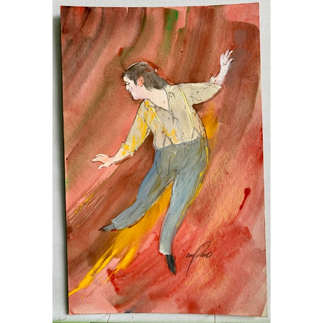 1970s Expressionist Style Watercolor Painting of a Dancing Man | Chairish