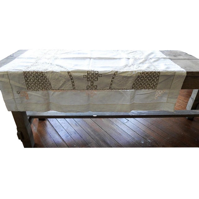 Antique White Linen Open Work Tablecloth | Chairish
