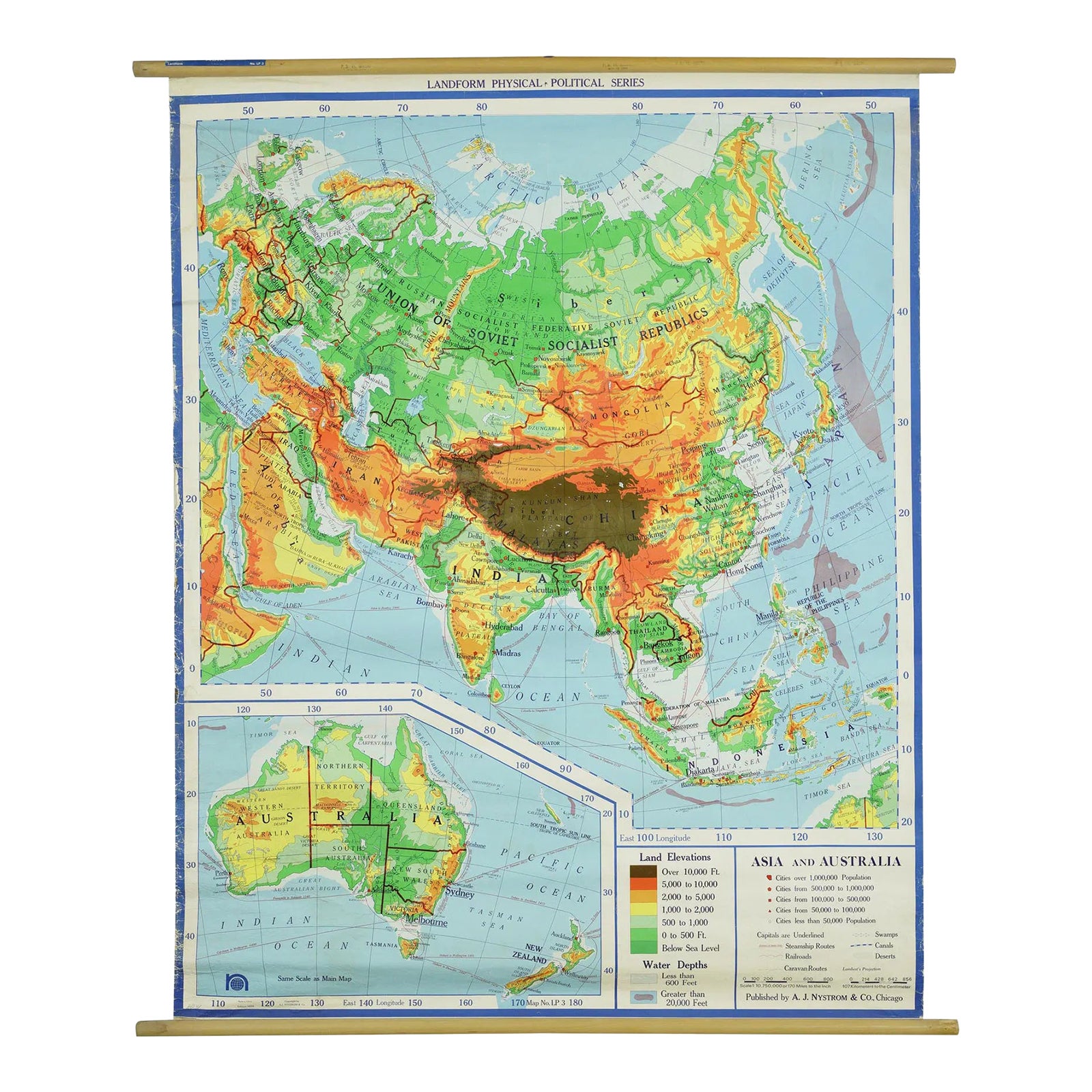 1966 Asia & Australia Landform Physical Political Series Roll Up Map ...