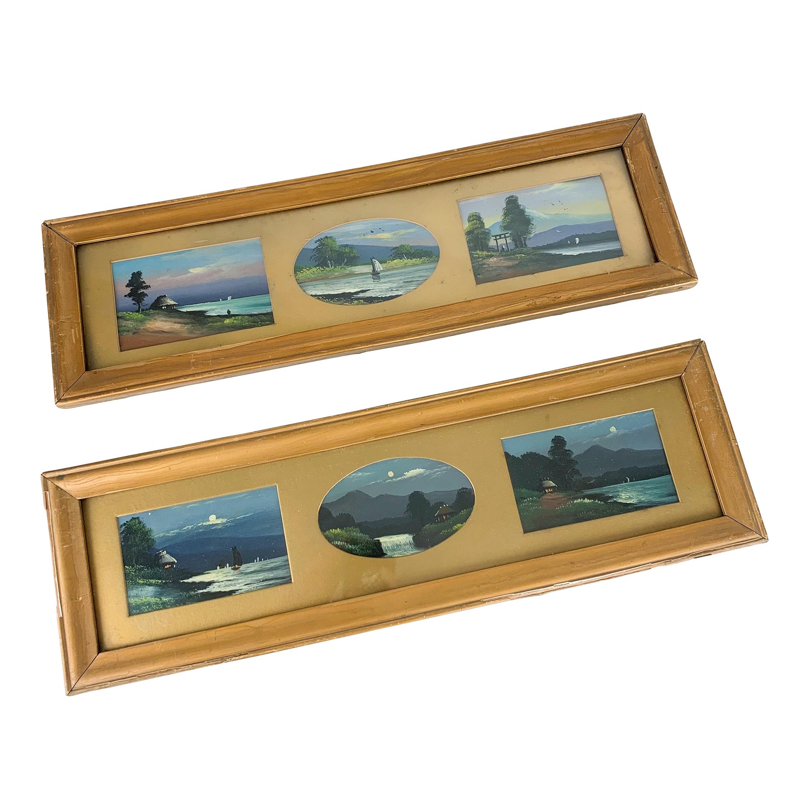 Vintage Mid Century Modern Asian Triptych Painting Night Day Scene Boat ...