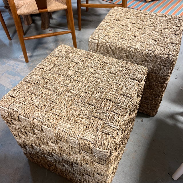 Pair of Seagrass Woven Cube Stool Poufs | Chairish