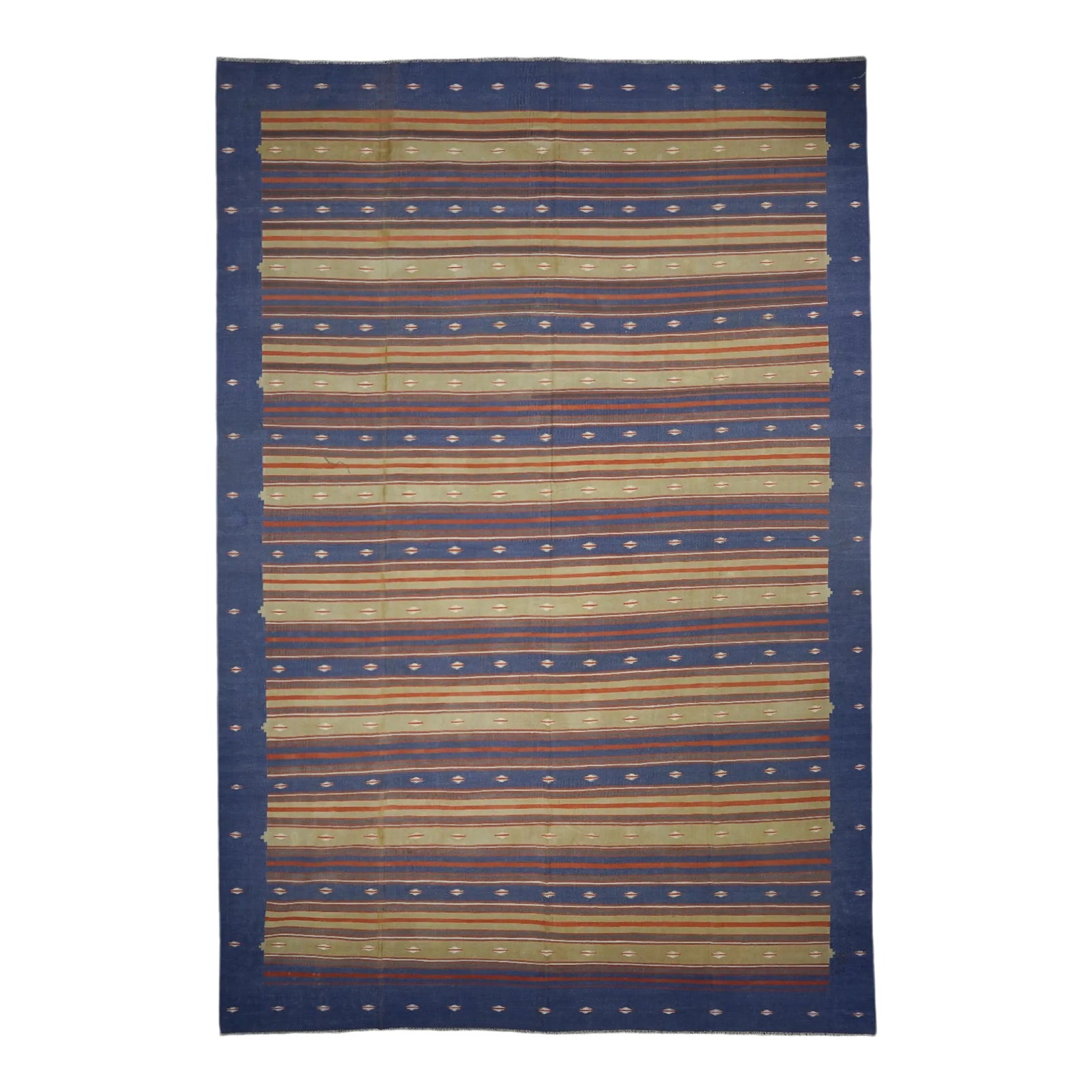 Oversized Vintage Dhurrie Rug in Blue With Stripes and Patterns | Rug ...