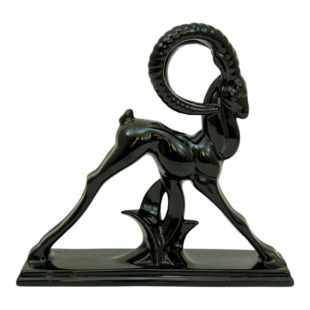 Art Deco Royal Haeger Style Ceramic Sculptural Ram Ibex Black | Chairish