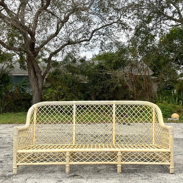 Mid 20th Century Vintage Coastal Trellis Rattan Sofa | Chairish