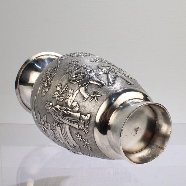 Antique Signed Chinese Export Sterling Silver Vase With Landscape and ...