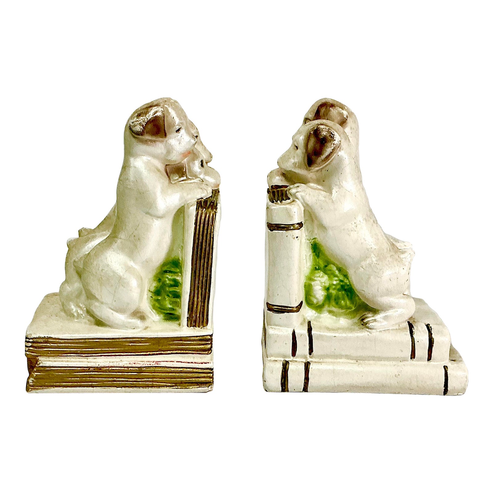 1920s Antique Boho Chic Figurine Plaster Dog Bookends - A Pair | Chairish