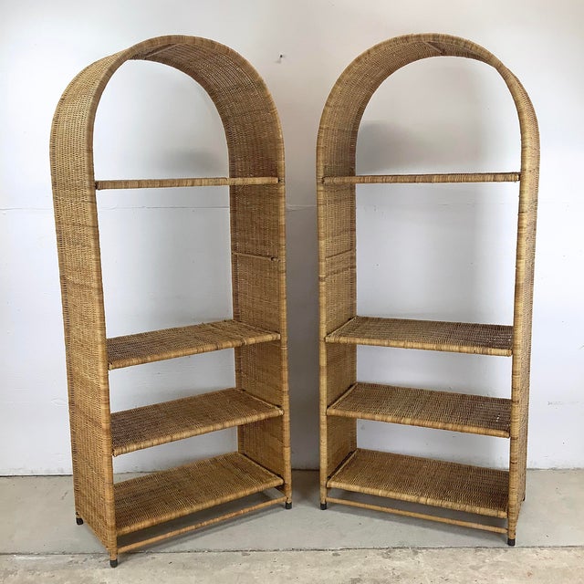Pair Boho Modern Wicker Arch Top Etageres | Chairish