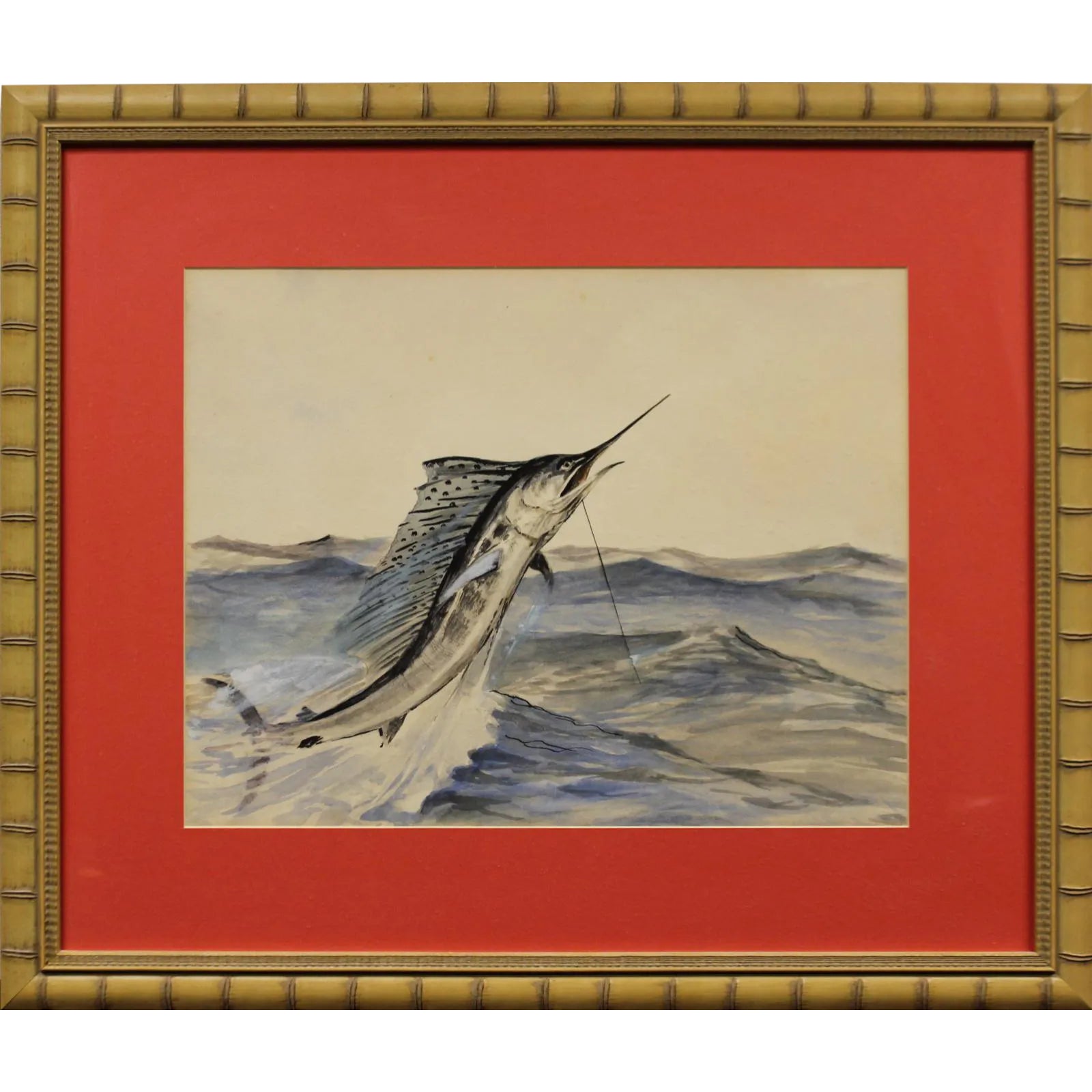 "Leaping Swordfish" Watercolor Painting in Bamboo Frame | Chairish