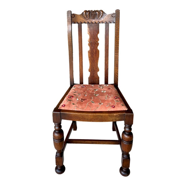 Early 20th Century English Oak Jacobean Style Carved Grape Fiddleback Chair With Drop In Seat Chairish