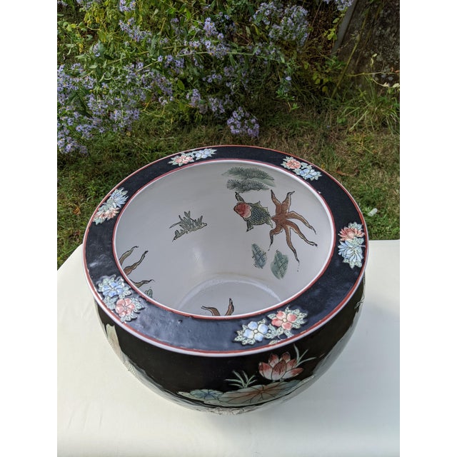 1980s Chinese Porcelain Famille Noir Lotus Planter Jardiniere With Coy ...
