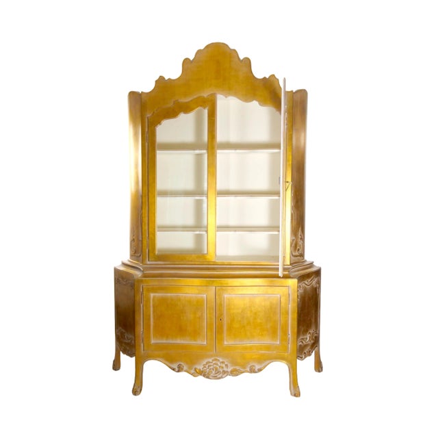Hand Carved Gilt Gold Painted Exterior Two Part Display Cabinet | Chairish