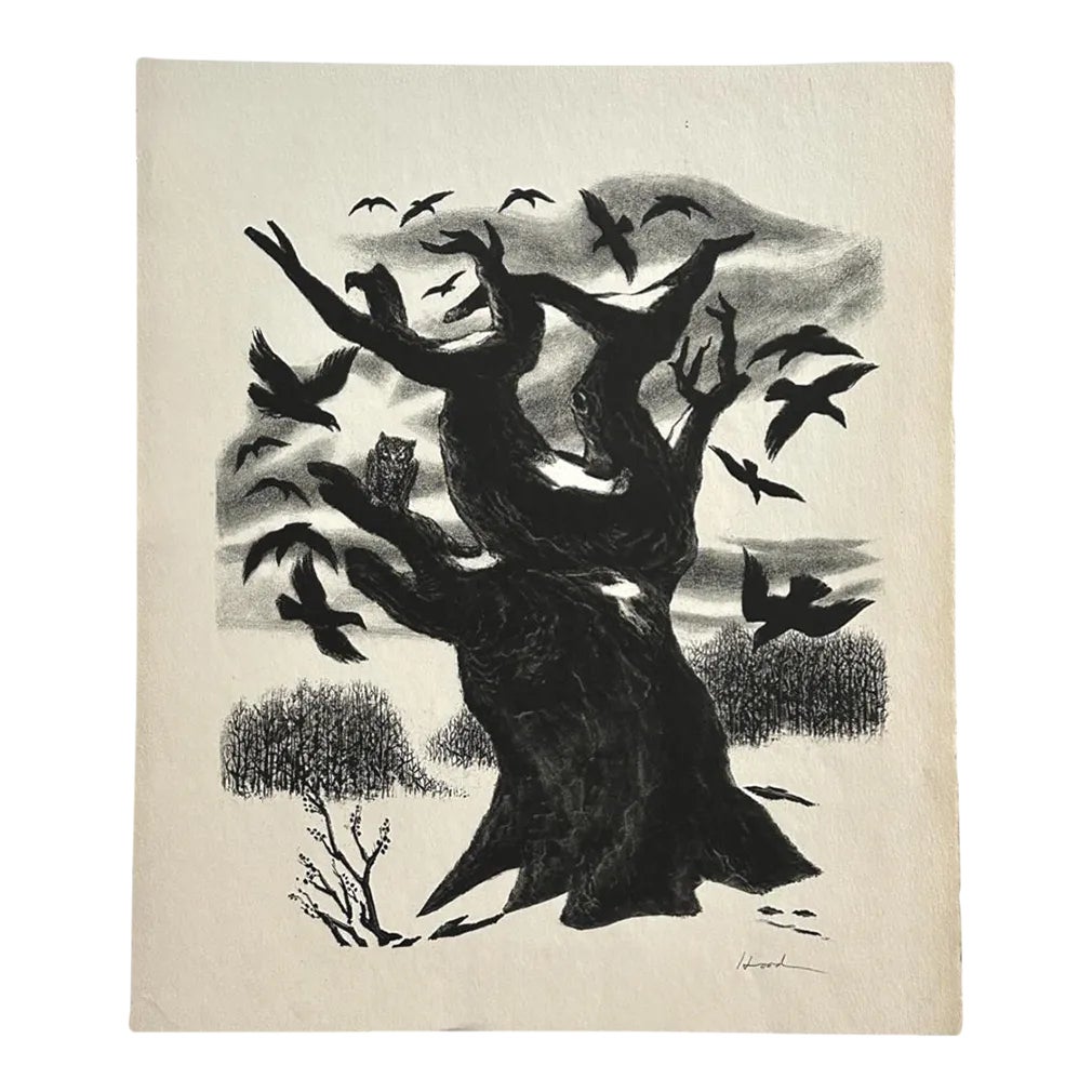 Richard Hood - ‘Owl and Crows’ Lithograph on Wove Paper, Signed (C ...