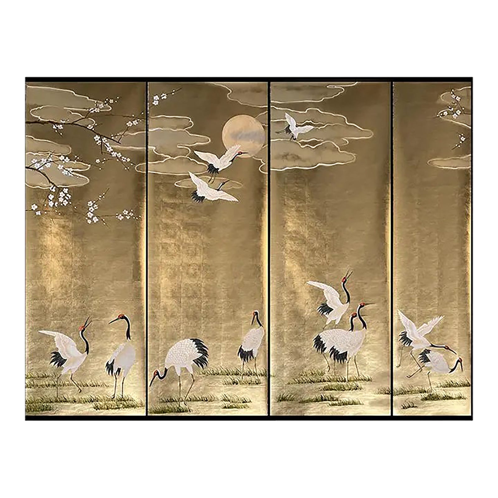 Cranes Mural Hand Painted Artworks Wallpaper on Gold Leaf - 4 Panels ...