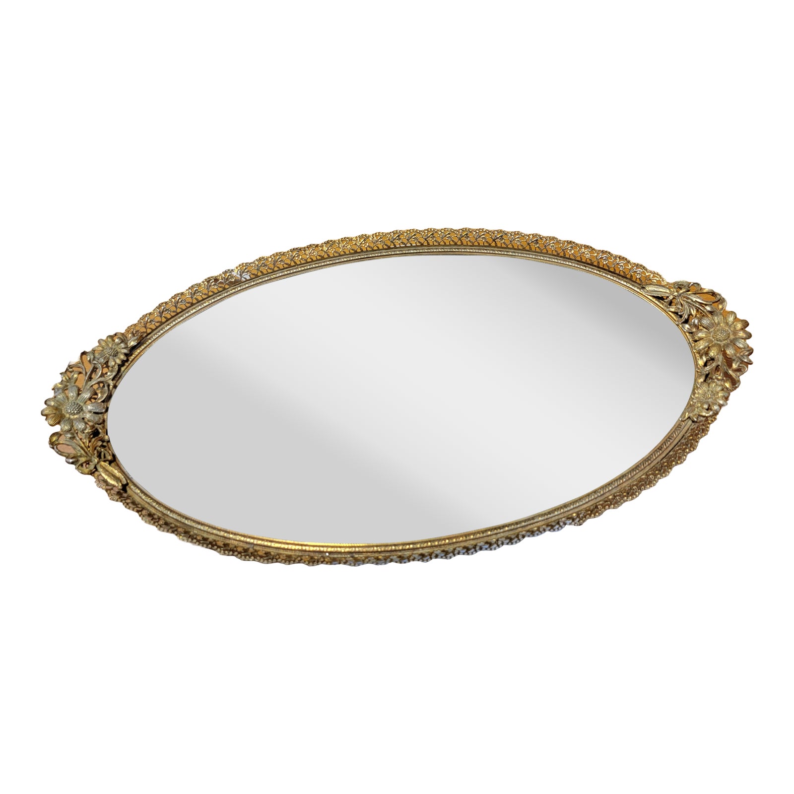 Antique Gold Metal Filigree Mirrored Tray | Chairish