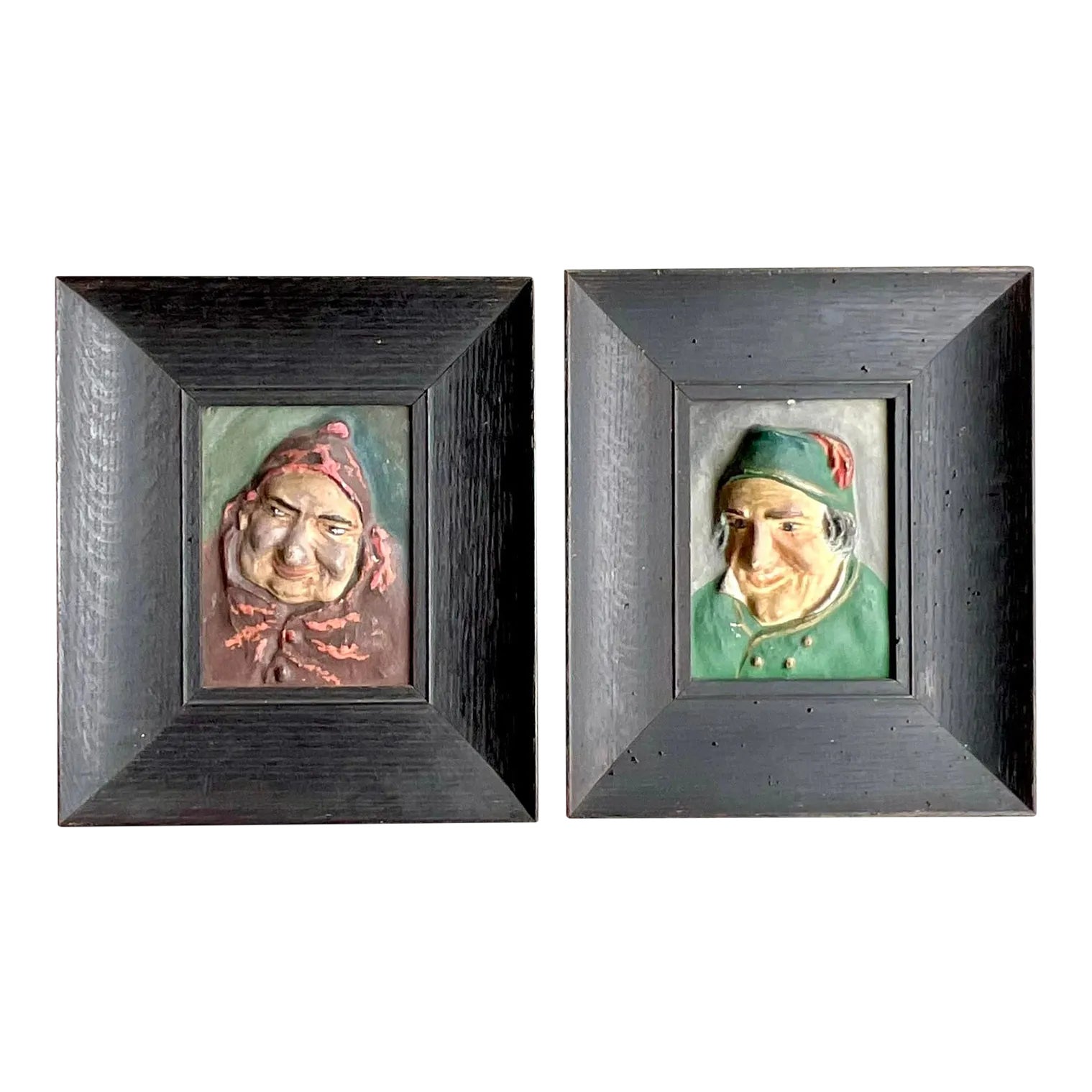 Vintage Folk Art Molded Paper Portraits - Set of 2 | Chairish