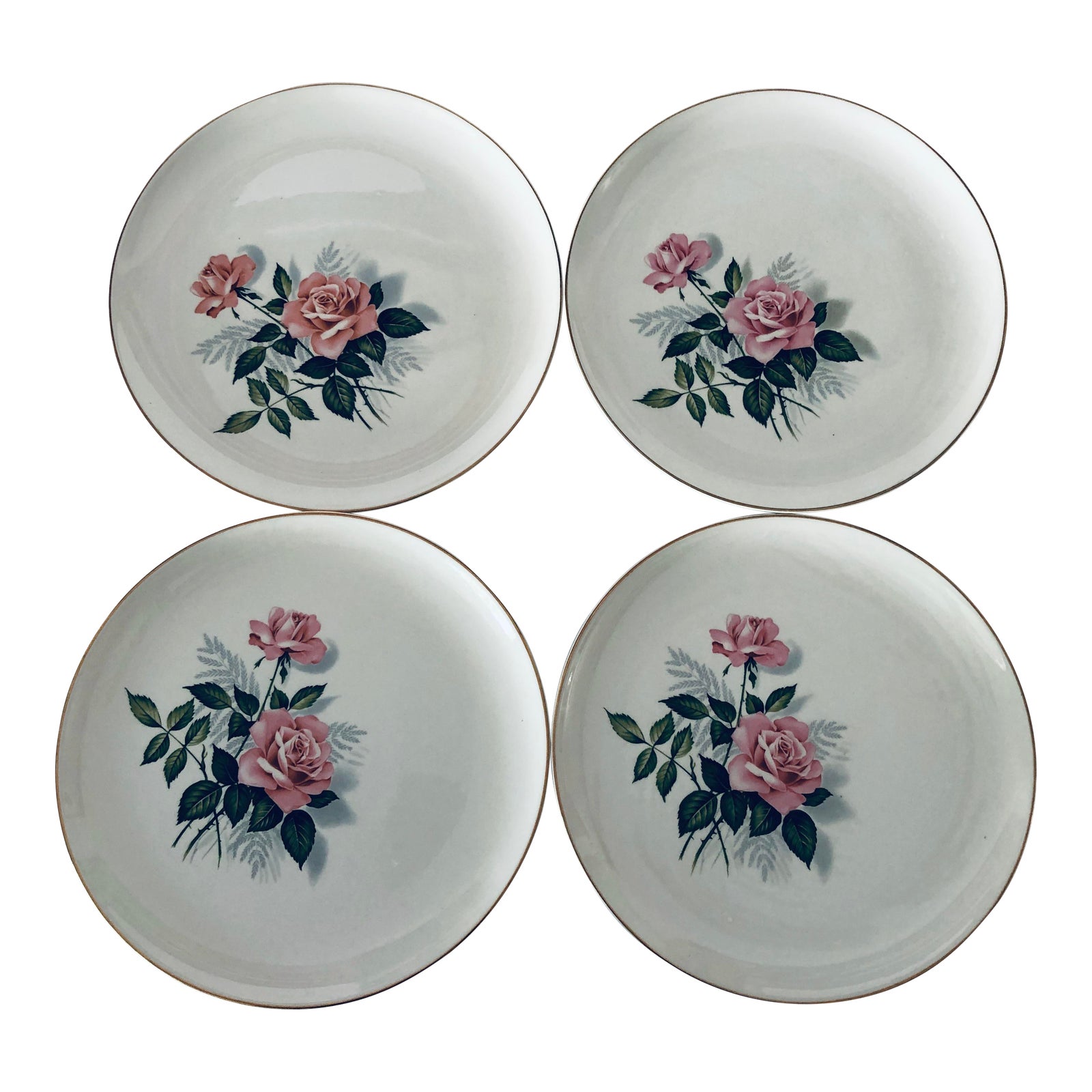 Vintage Mid-Century Pink Rose Pattern Set of 4 Dinner Plates | Chairish