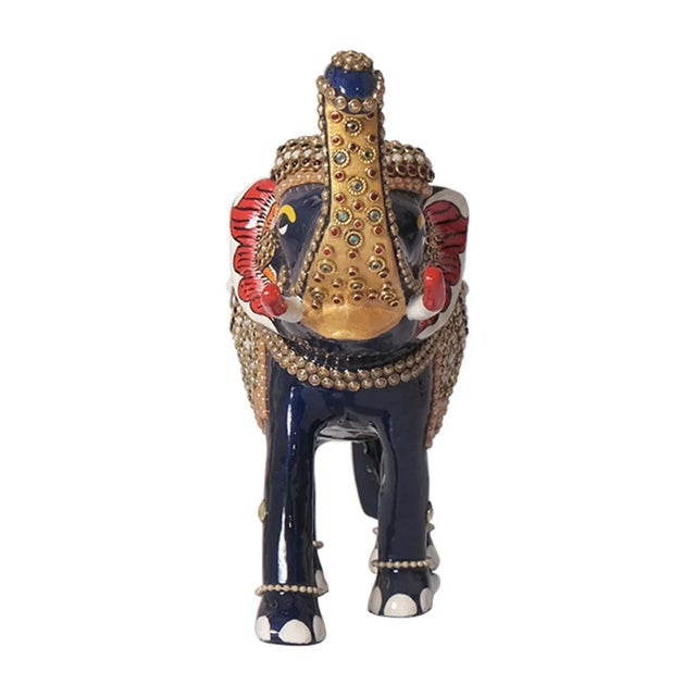 Ornate Blue Gold Elephant Statue With Stone Jewels | Chairish