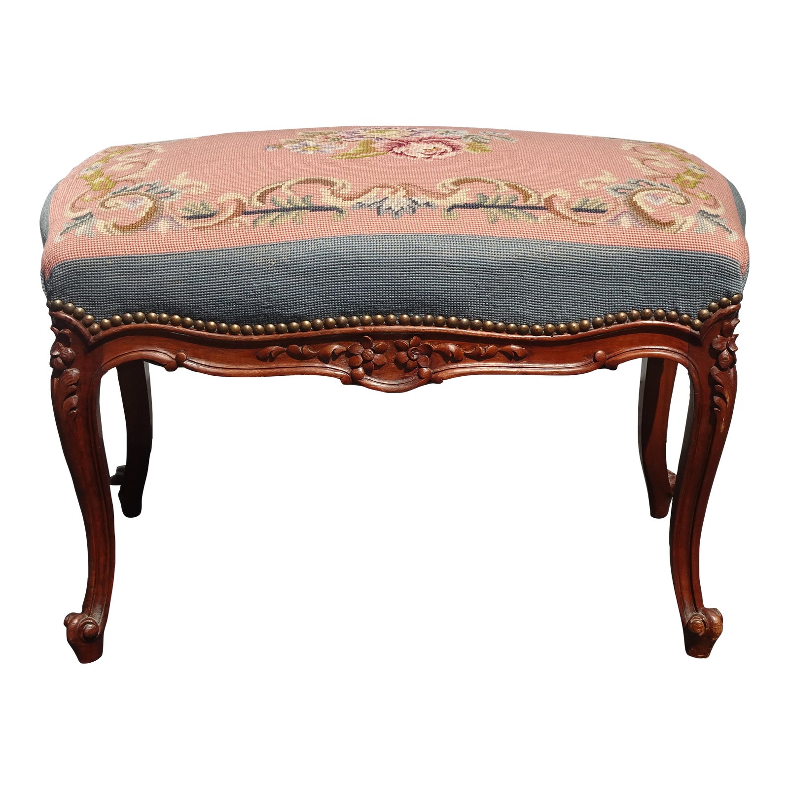 1900s Antique French Louis XVI Stool Bench Pink Tapestry Serpentine ...