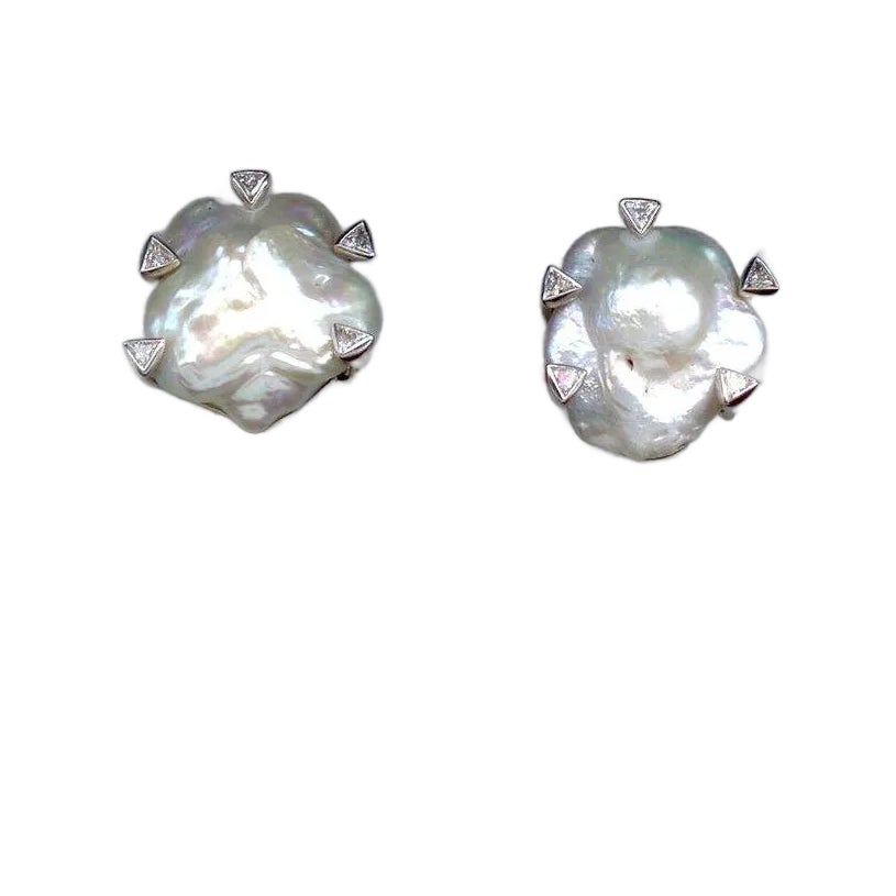 Pair of Christopher Walling White "Star" Biwa Pearls With 10 Triangular ...