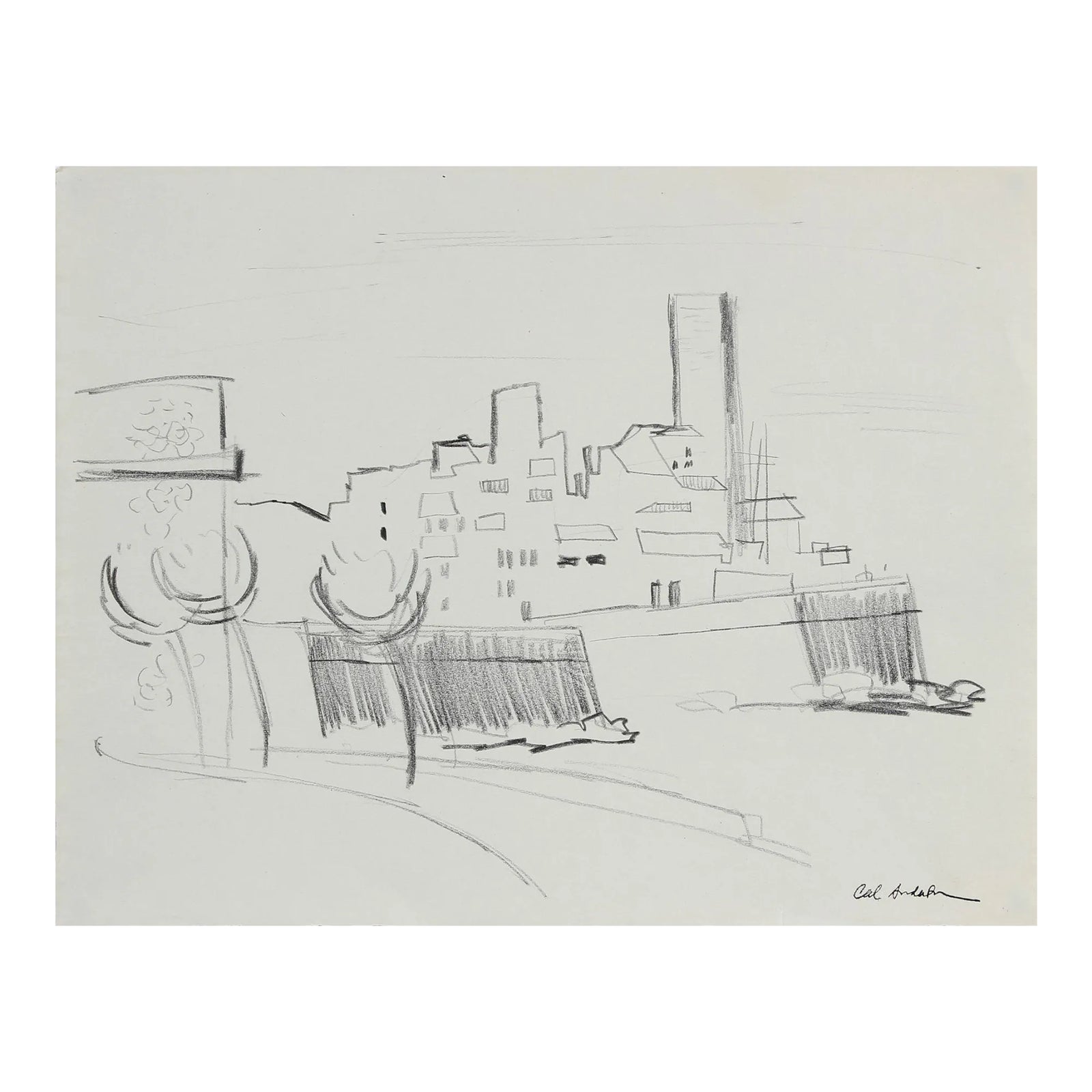 Abstracted Cityscape Sketch 20th Century Graphite | Chairish