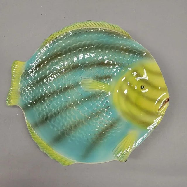 1930's English Aqua and Yellow Ceramic Fish Plates - Set of 6 | Chairish