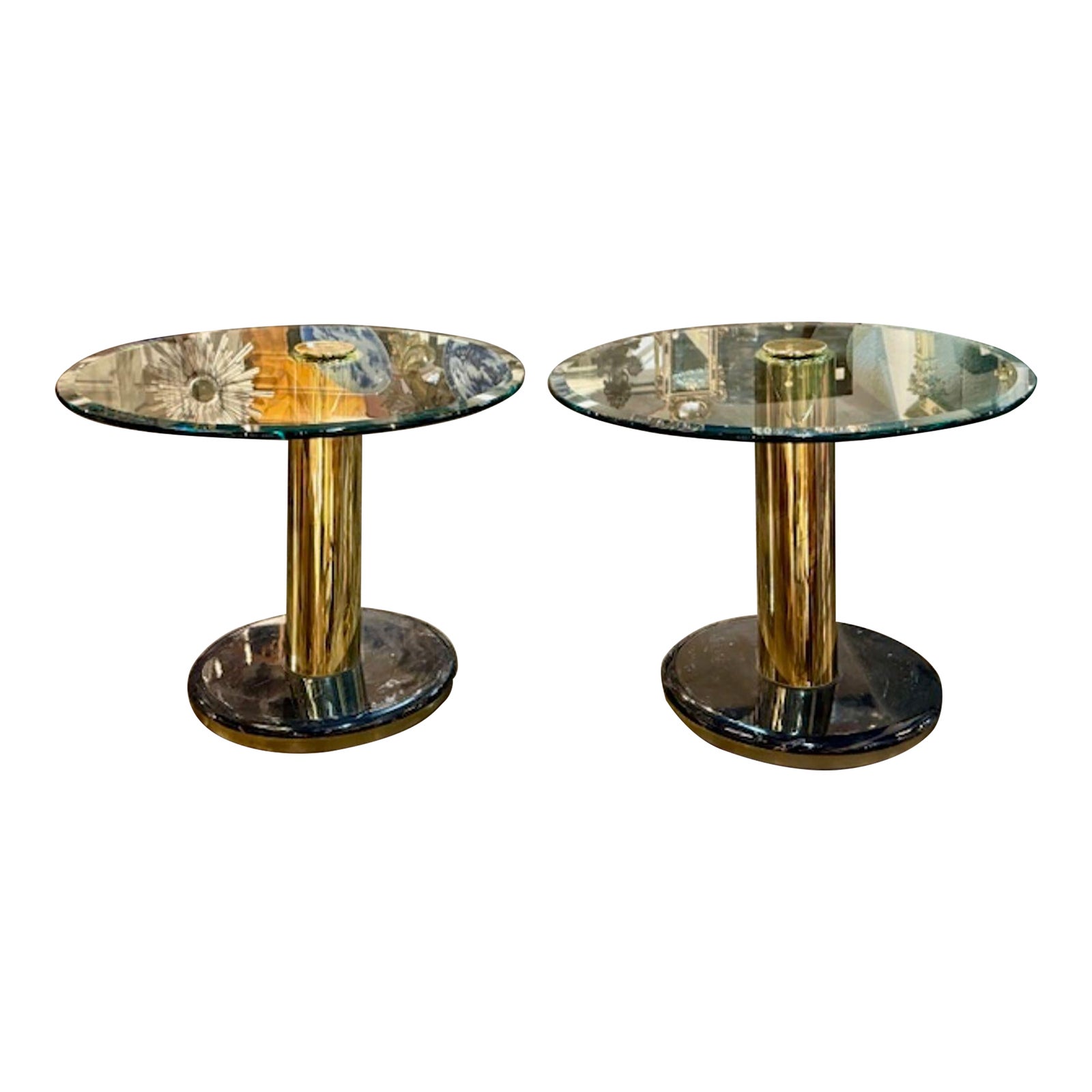 Pair of Modern Brass and Black Lacquered Tables With Glass Tops | Chairish