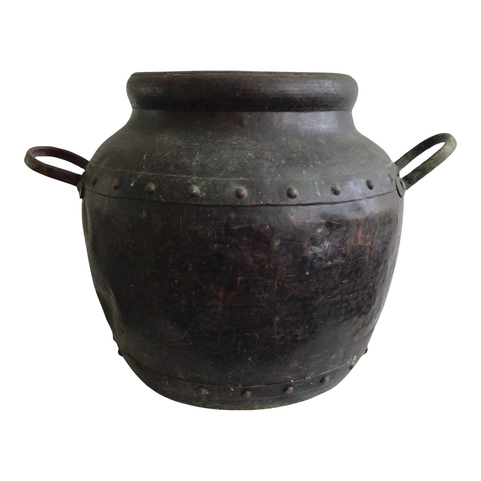 1940s Hand Hammered Studded Patinated Copper Pot With Handles | Chairish