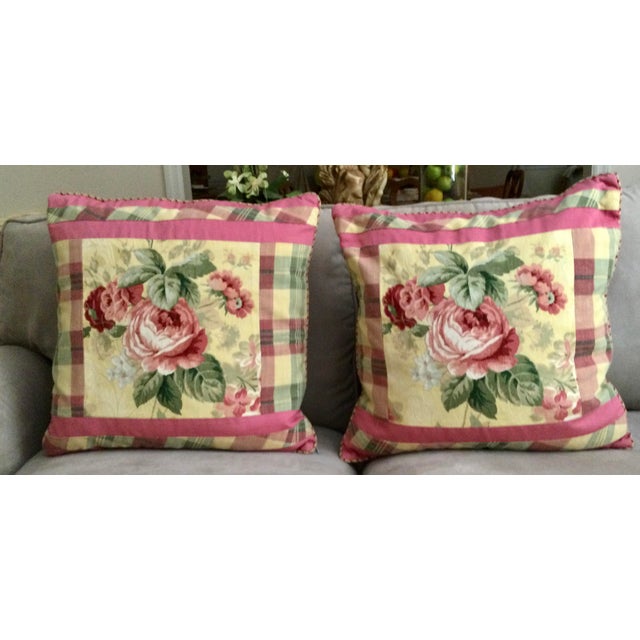 1990s Floral and Plaid Feather Filled Pillows- a Pair | Chairish