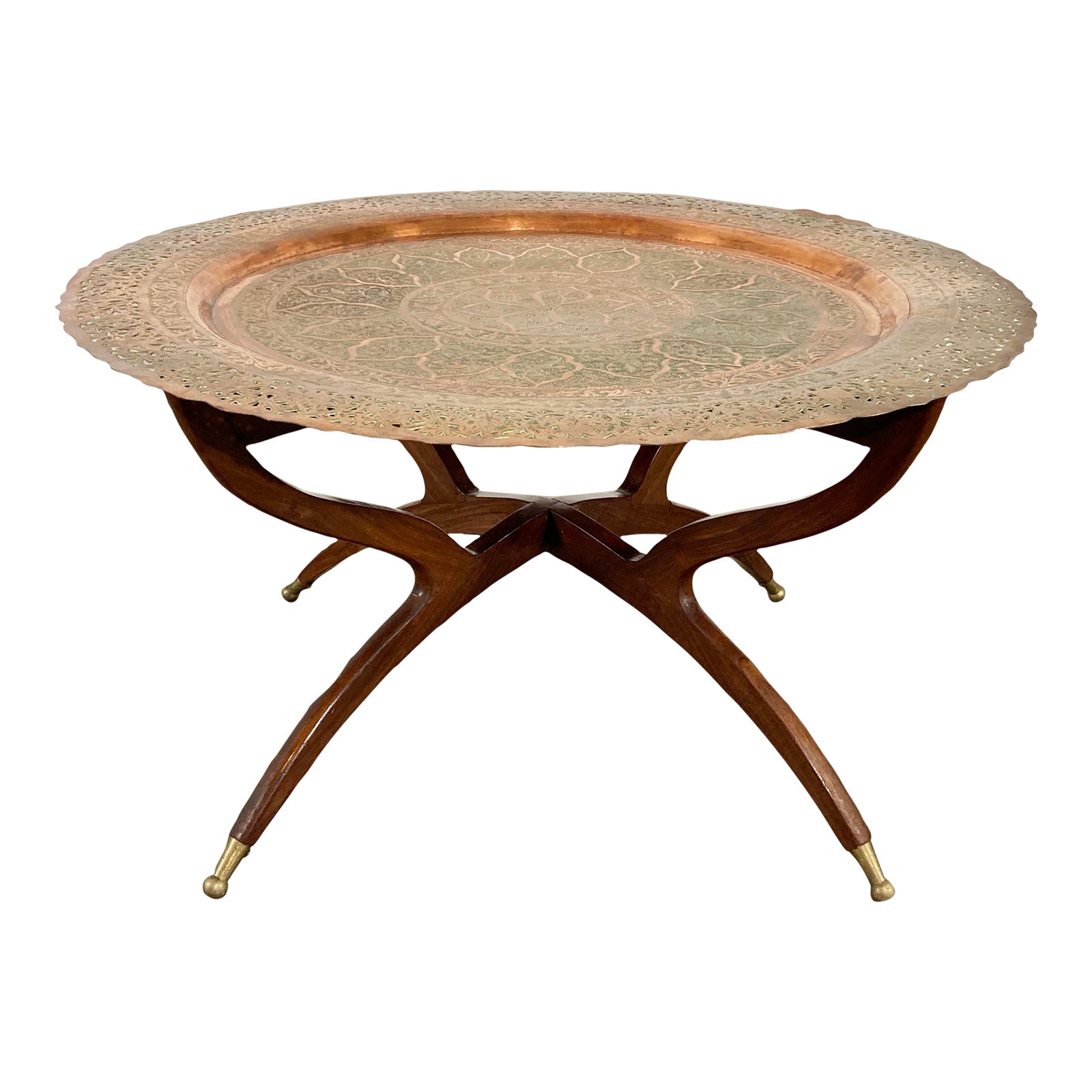 Vintage Large Moroccan Wood Spider Leg Copper Tray Table | Chairish