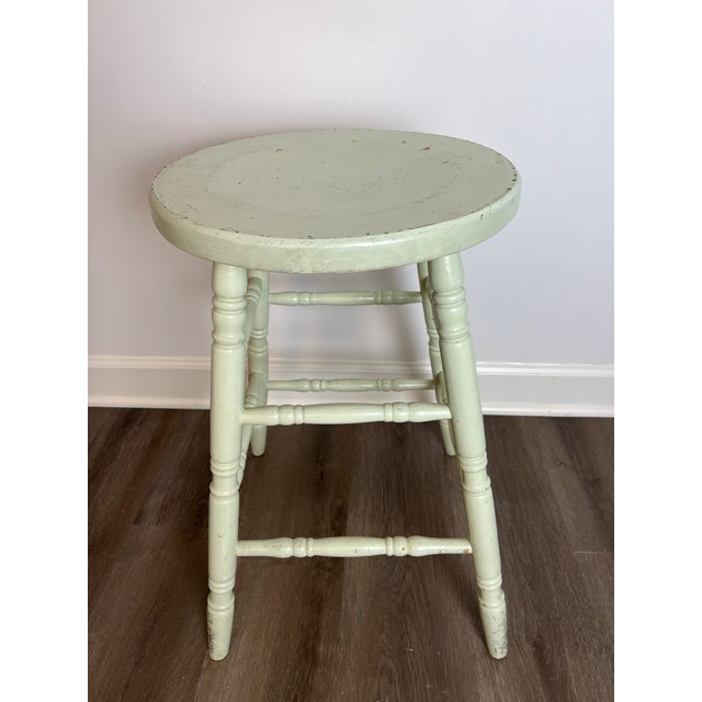 Early 20th Century Vintage English Country Pale Green Wooden Stool ...