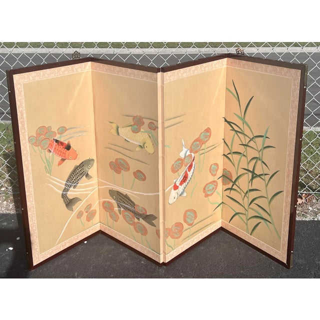 Chinese Koi Fish Painted Silk Folding Screen | Chairish