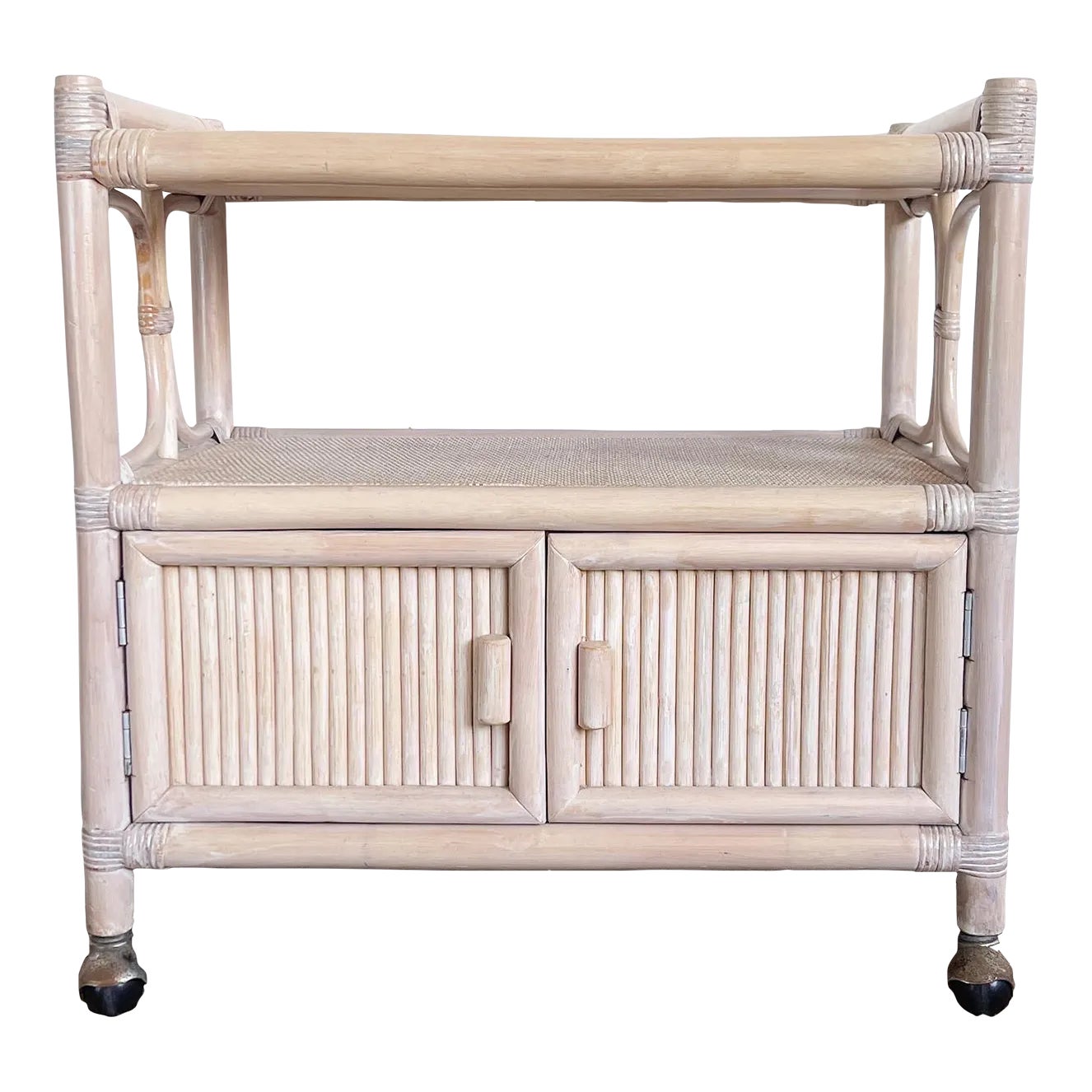 Boho Chic White Washed Bamboo Rattan and Wicker Bar Cart | Chairish
