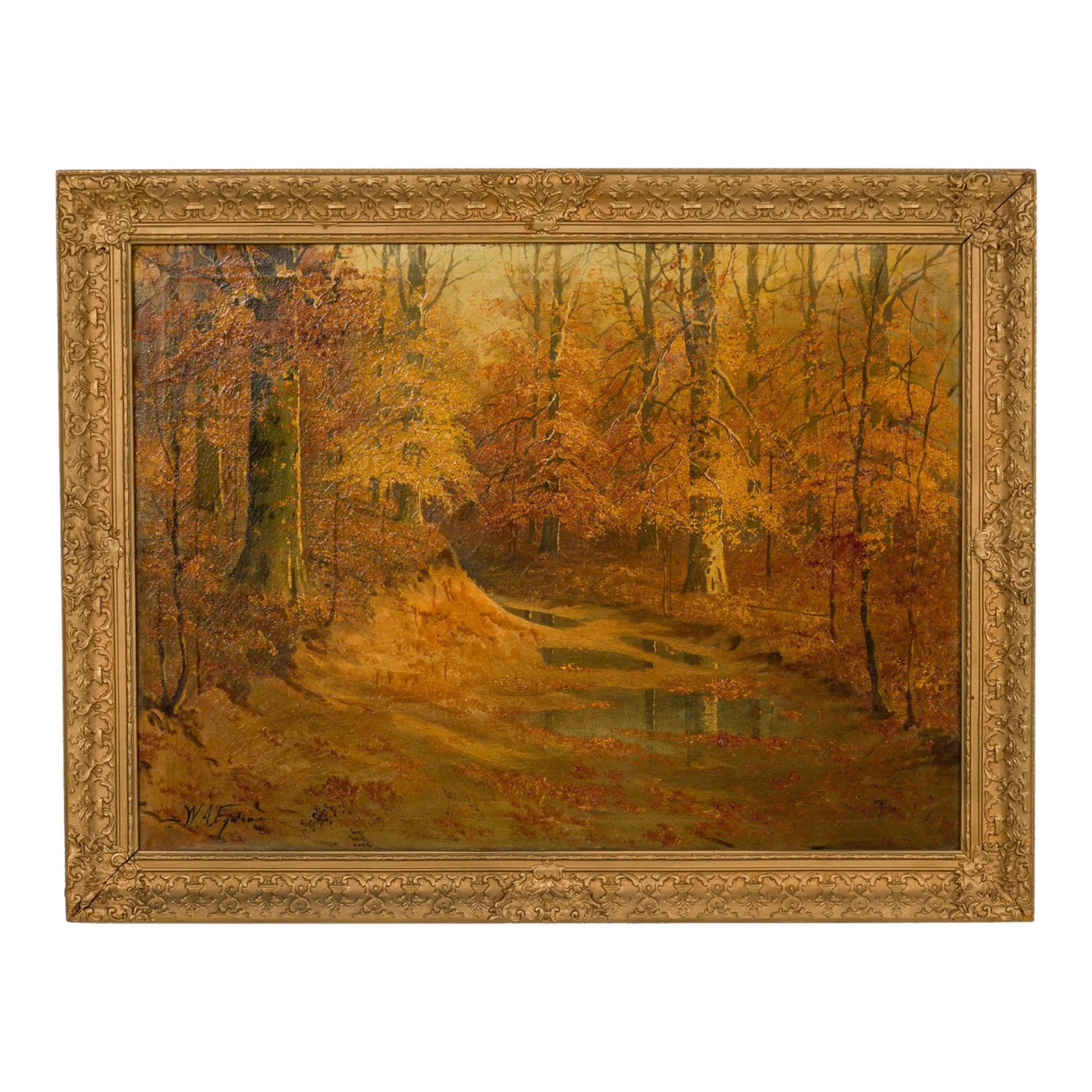 American Victorian landscape painting of a fall forest scene | Chairish
